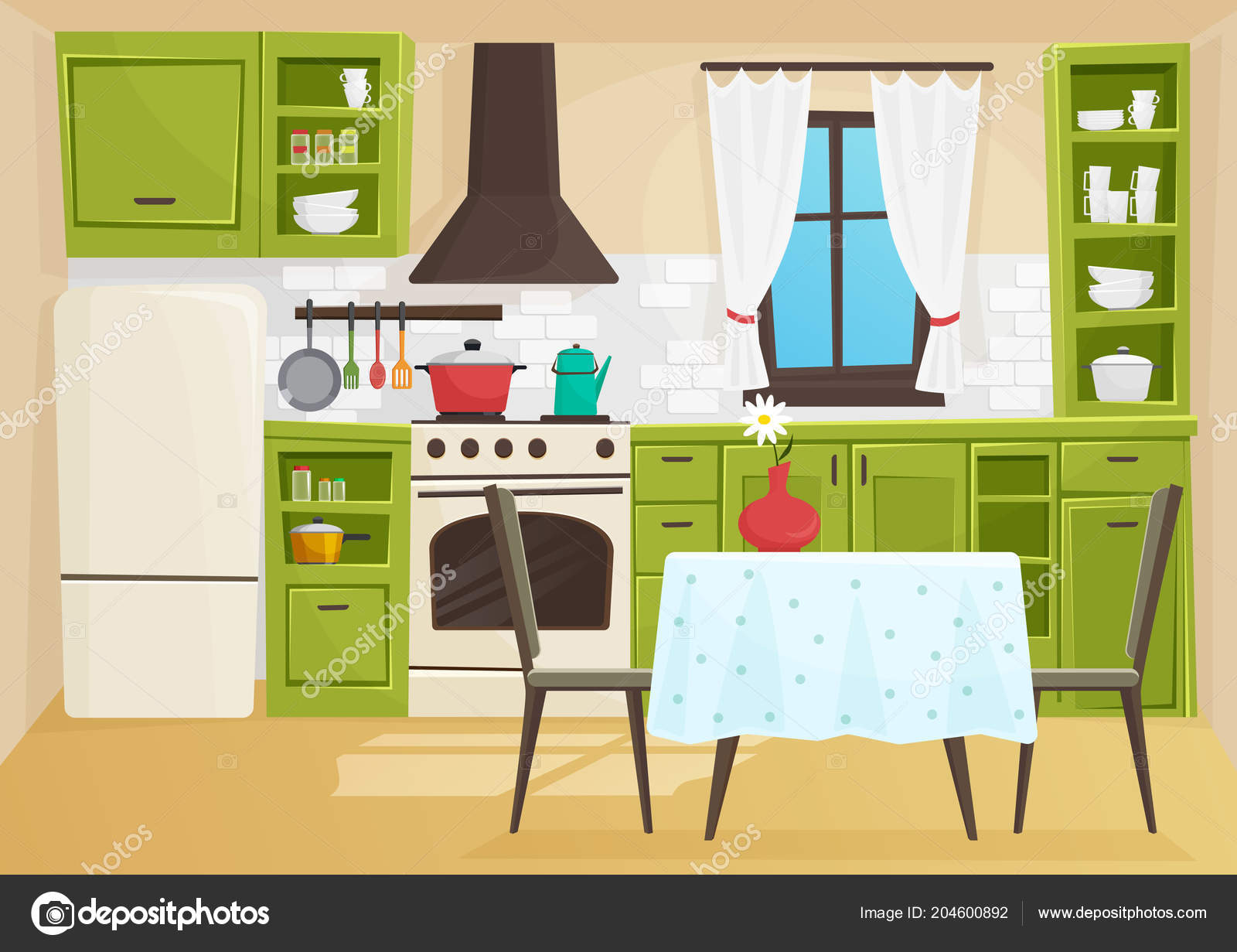 Vector cartoon volumetric illustration of vintage retro kitchen ...