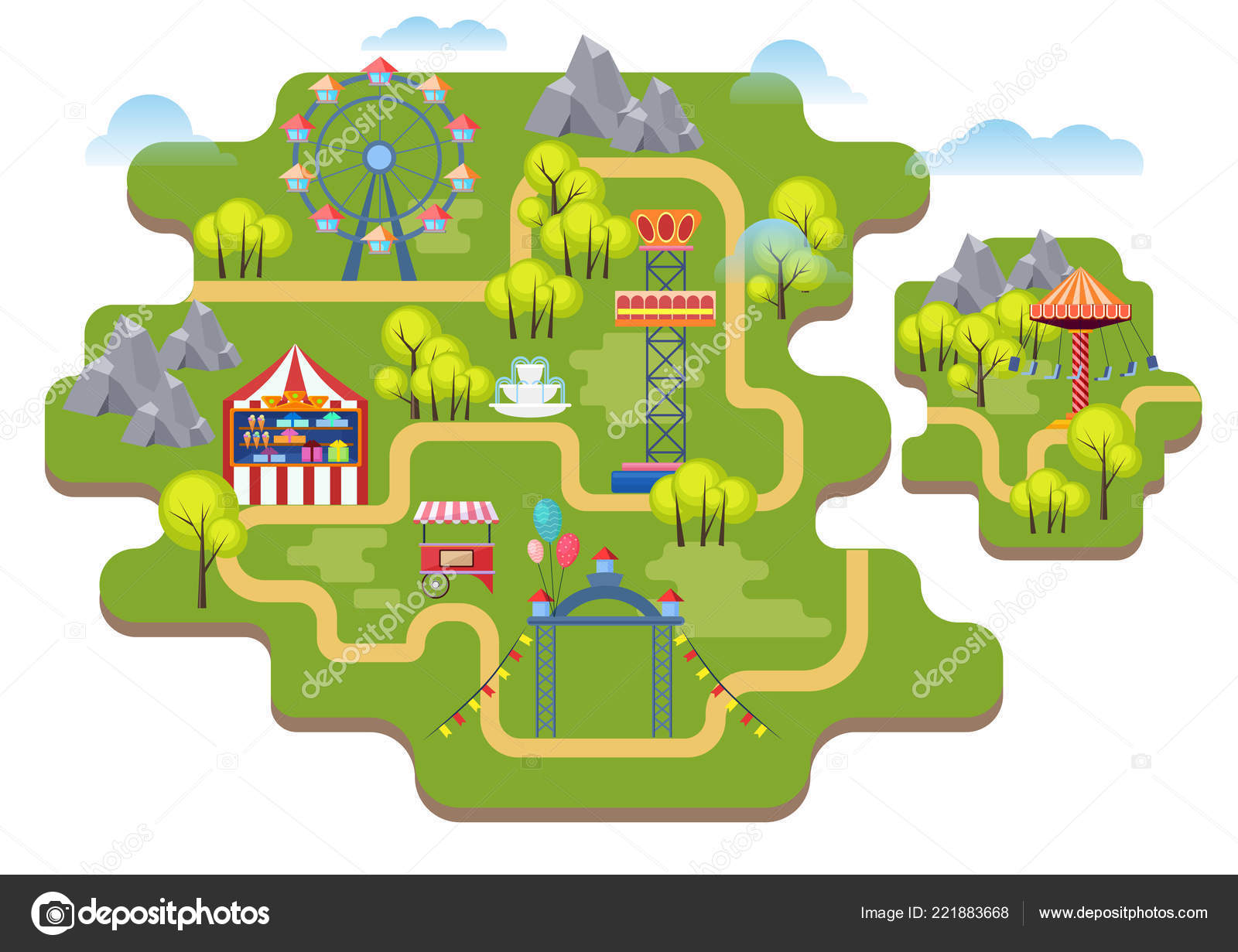 Dibujos animados vector parque de atracciones mapa fondo aislado ...