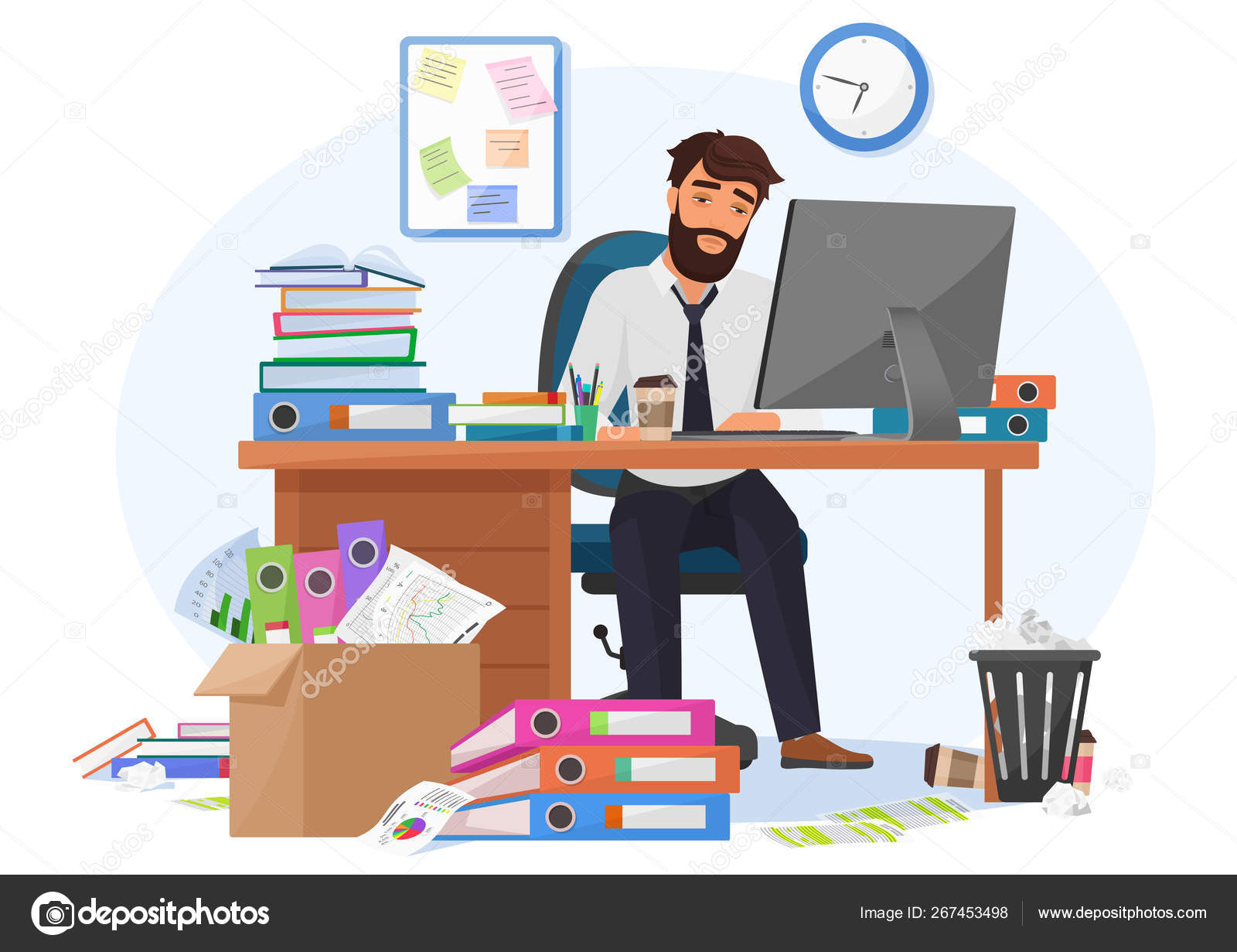 Tired sleepy male office worker stays late on workplace. Overload ...