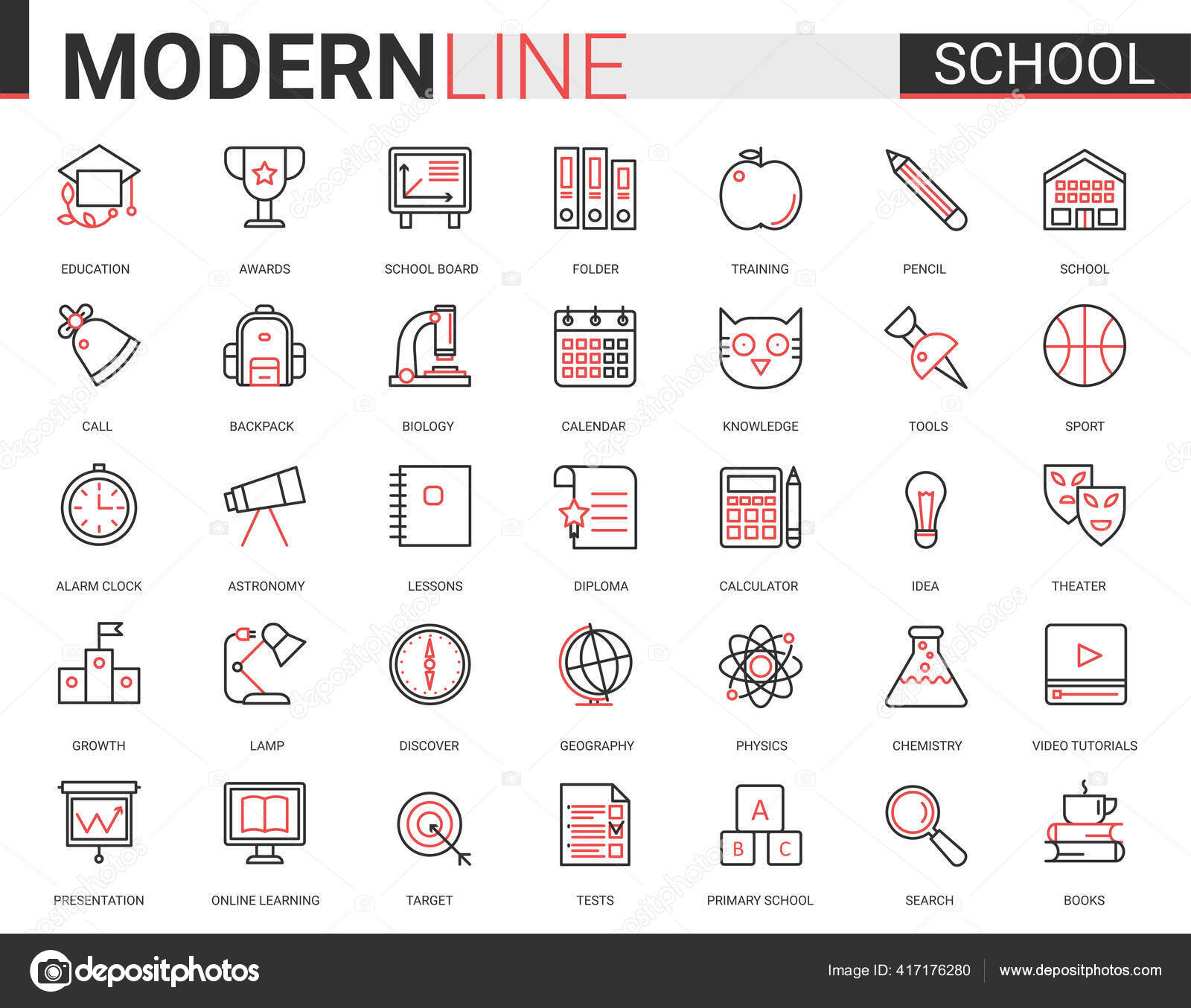 School education thin red black line icon vector illustration set with ...
