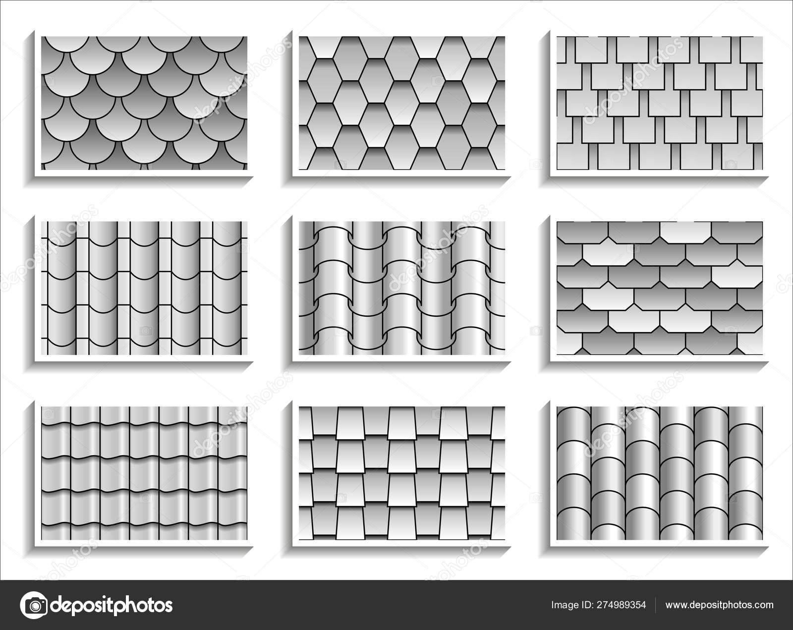 Set of grayscale seamless roof tiles textures. Black-and-white graphic ...