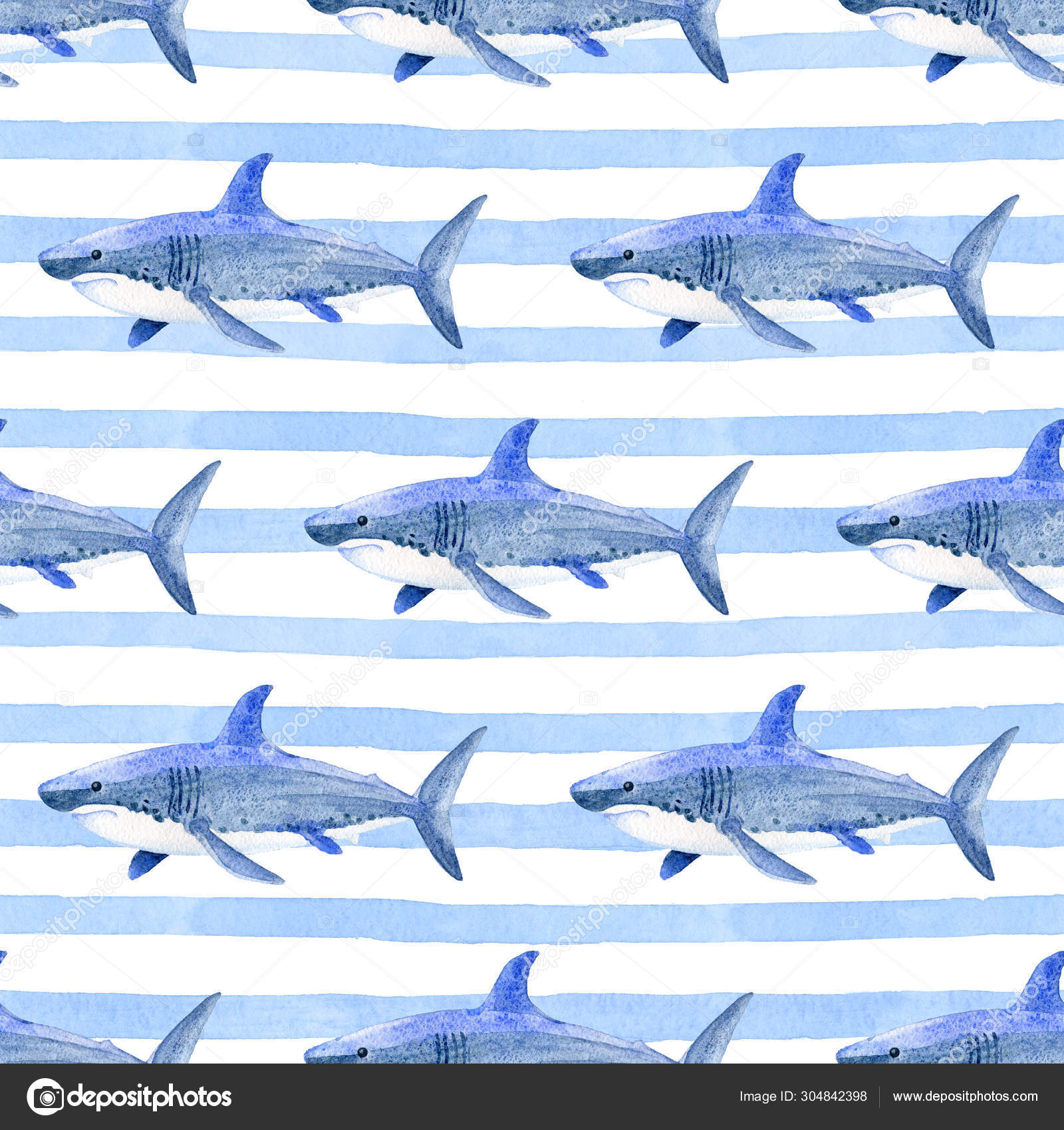 Shark on a striped background watercolor hand painted seamless pattern ...