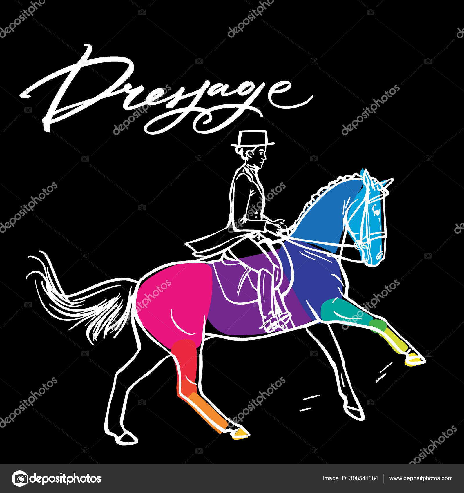 Hand drawn colorful graphic: horse riding. Equestrian sport like ...