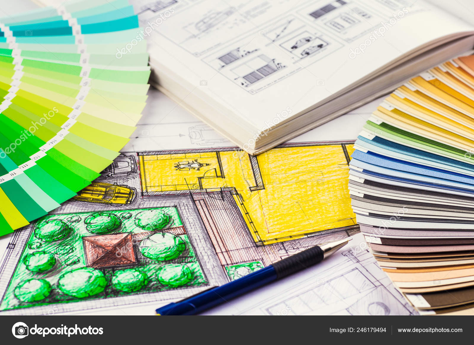 Top view of Architect & Interior designer working table with equ ...