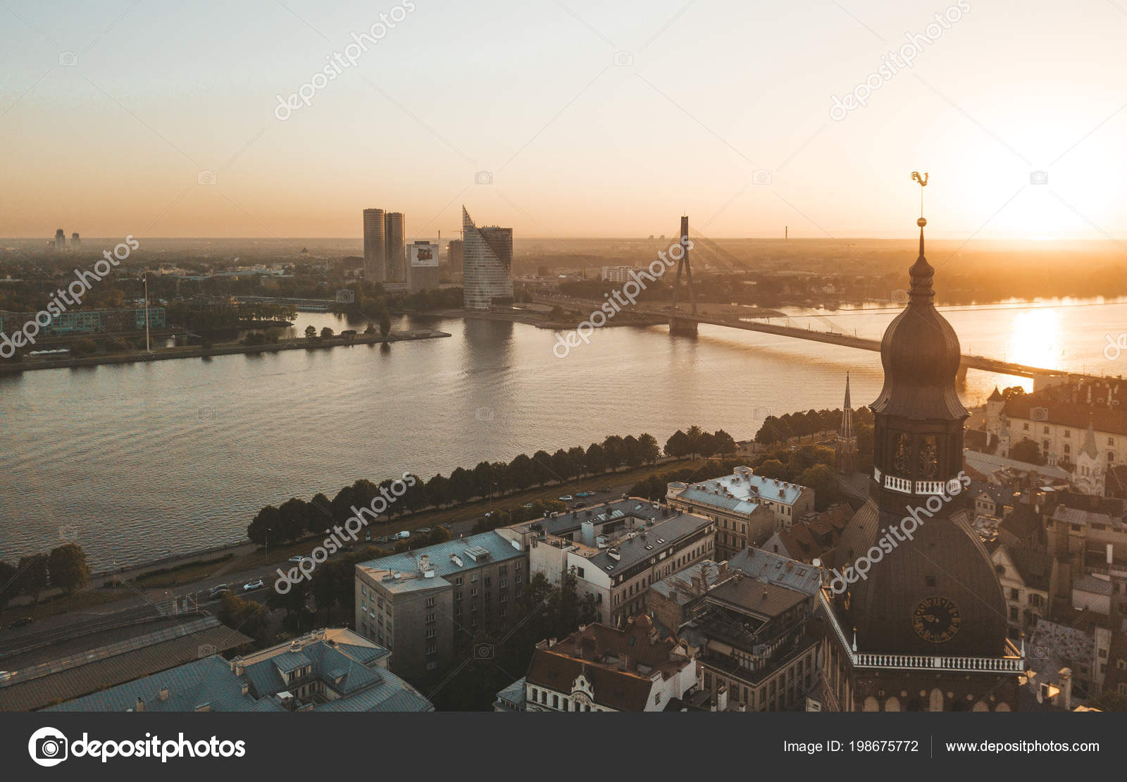 Amazing Aerial View Sunset Old Town Riga Vecriga Latvia River — Stock ...
