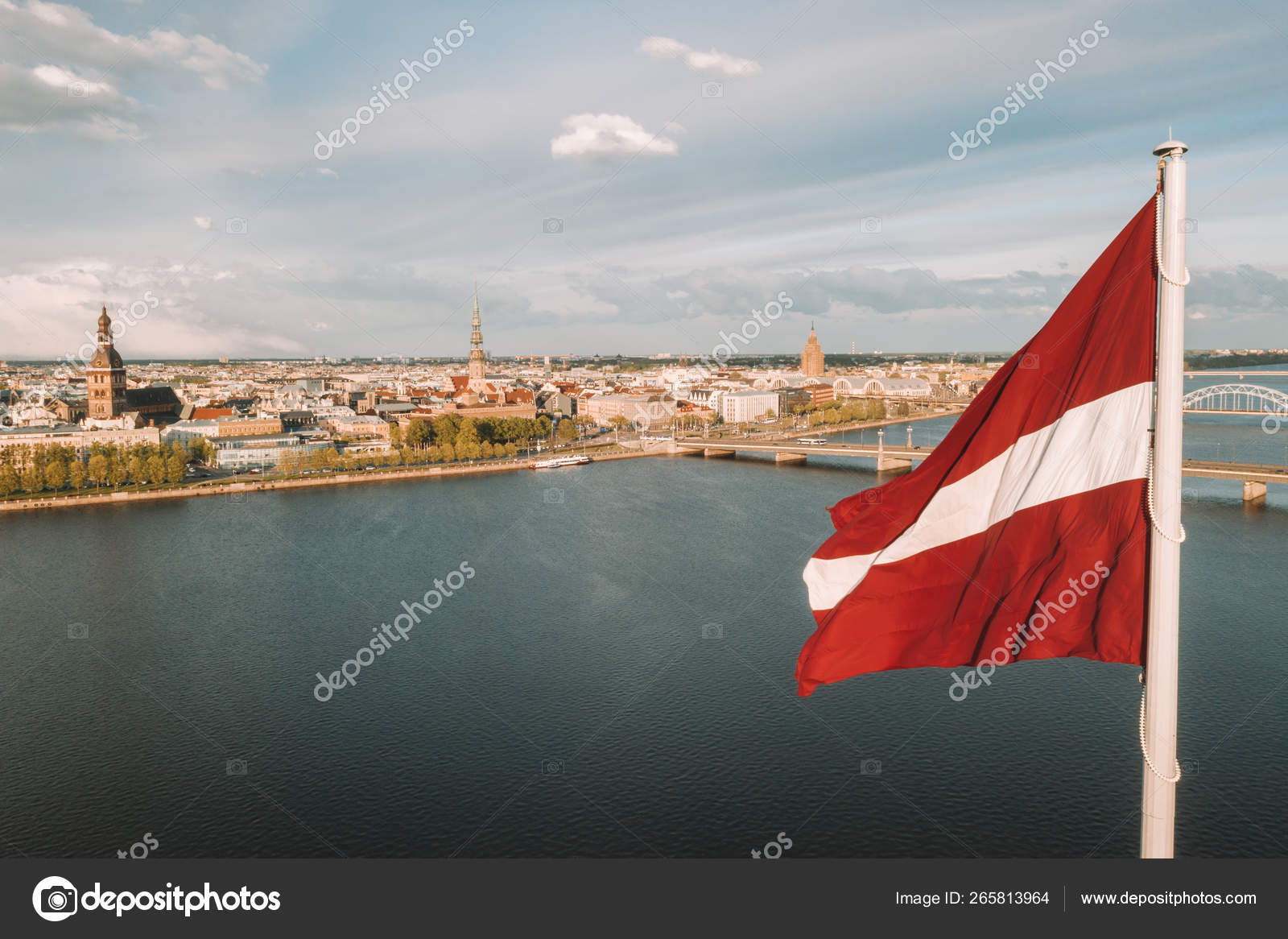 Aerial Panorama Riga City Big Latvian Flag Foreground Golden Hour ...