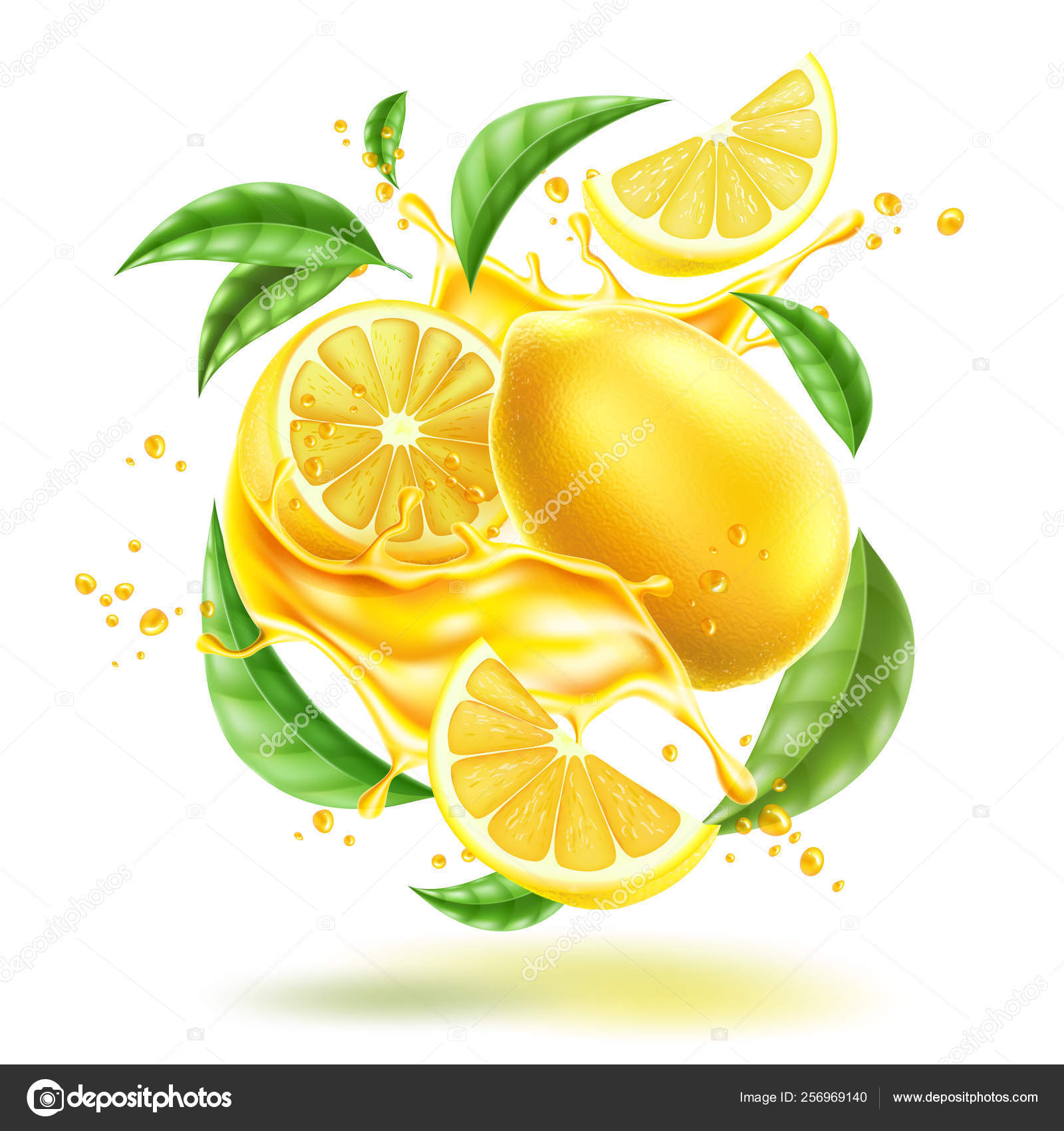 Vector realistic lemon splash flow with leaves Stock Vector Image by ...