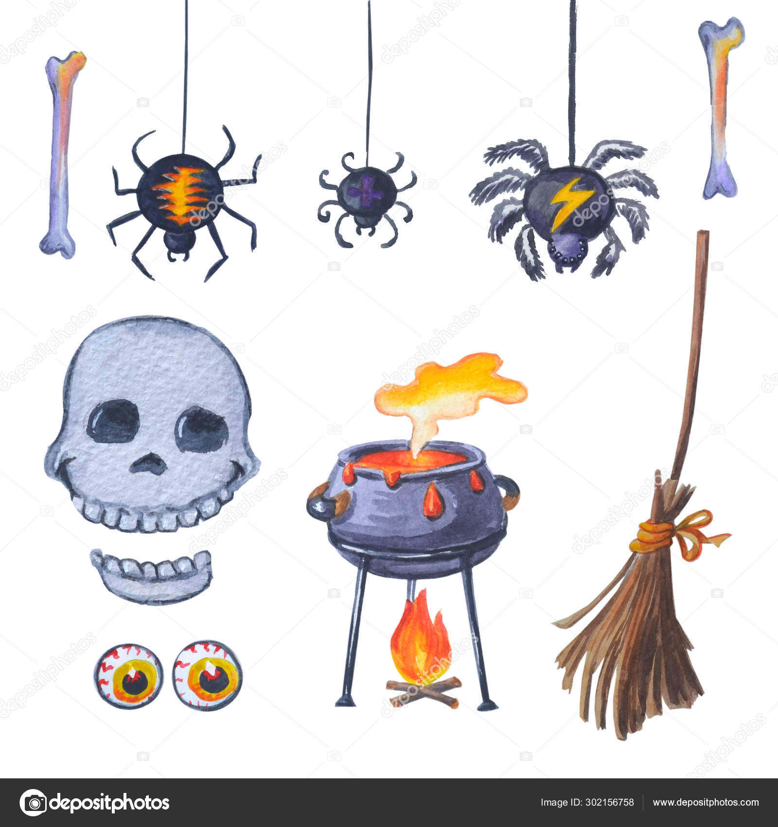 Spiders, cauldron with potion,bones, broomstick for Happy hallowen ...