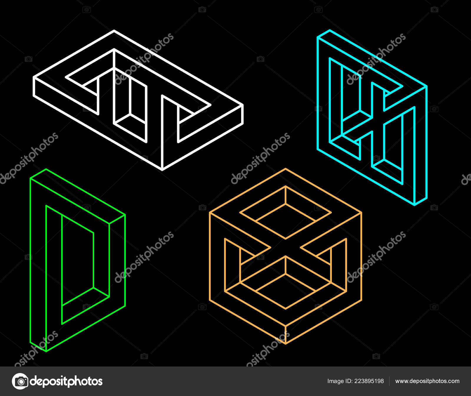 Impossible Object Set No6 Isolated Black Background Vector Outline ...