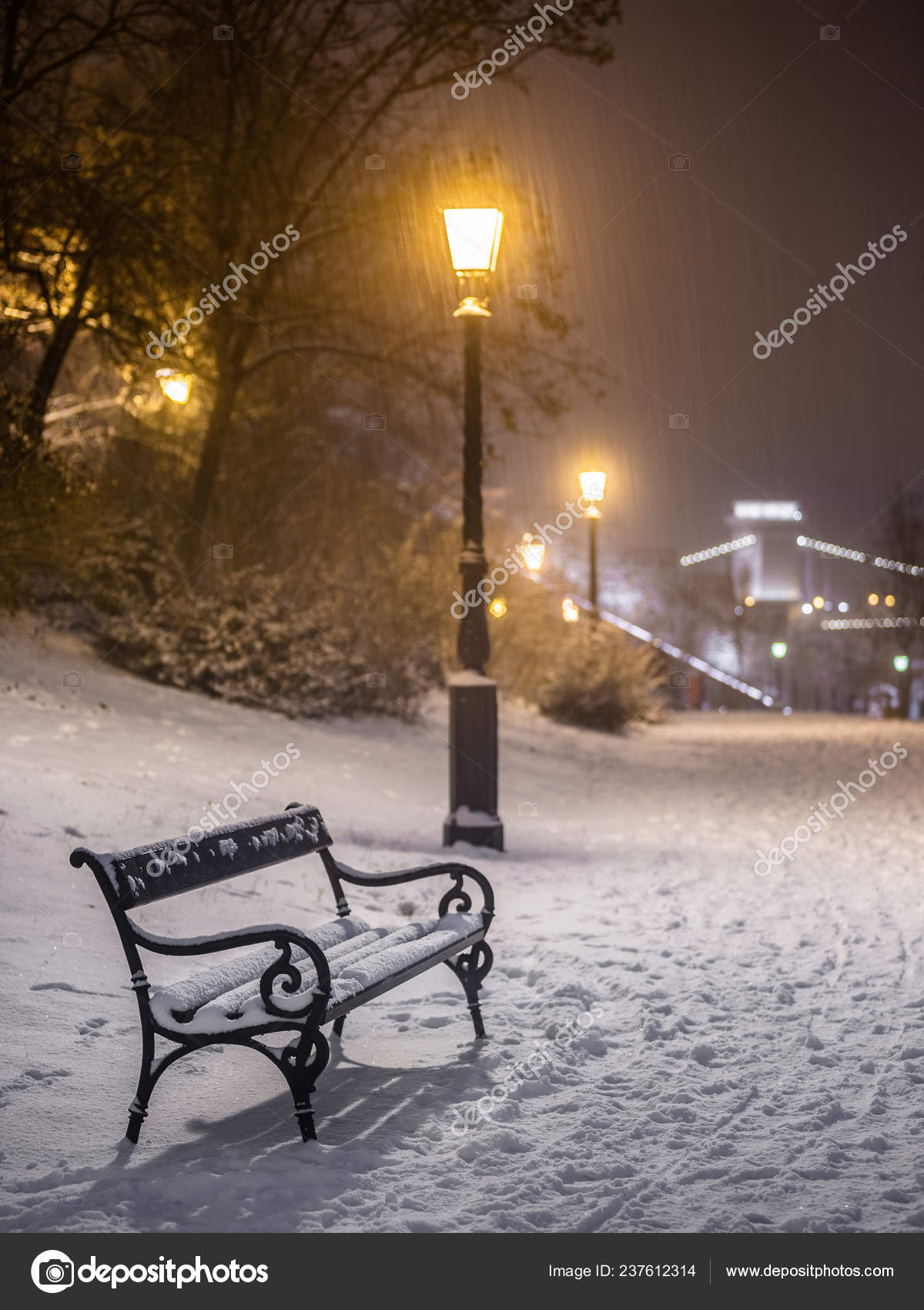 Lamp Post At Night Snow