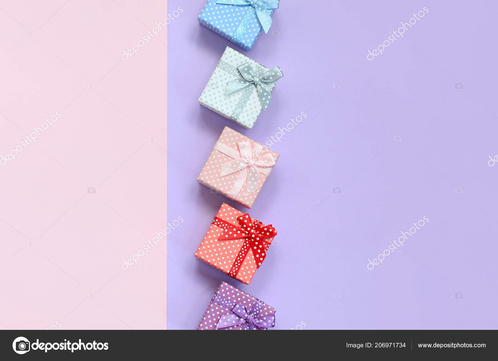 Small Gift Boxes Different Colors Ribbons Lies Violet Pink Color Stock ...