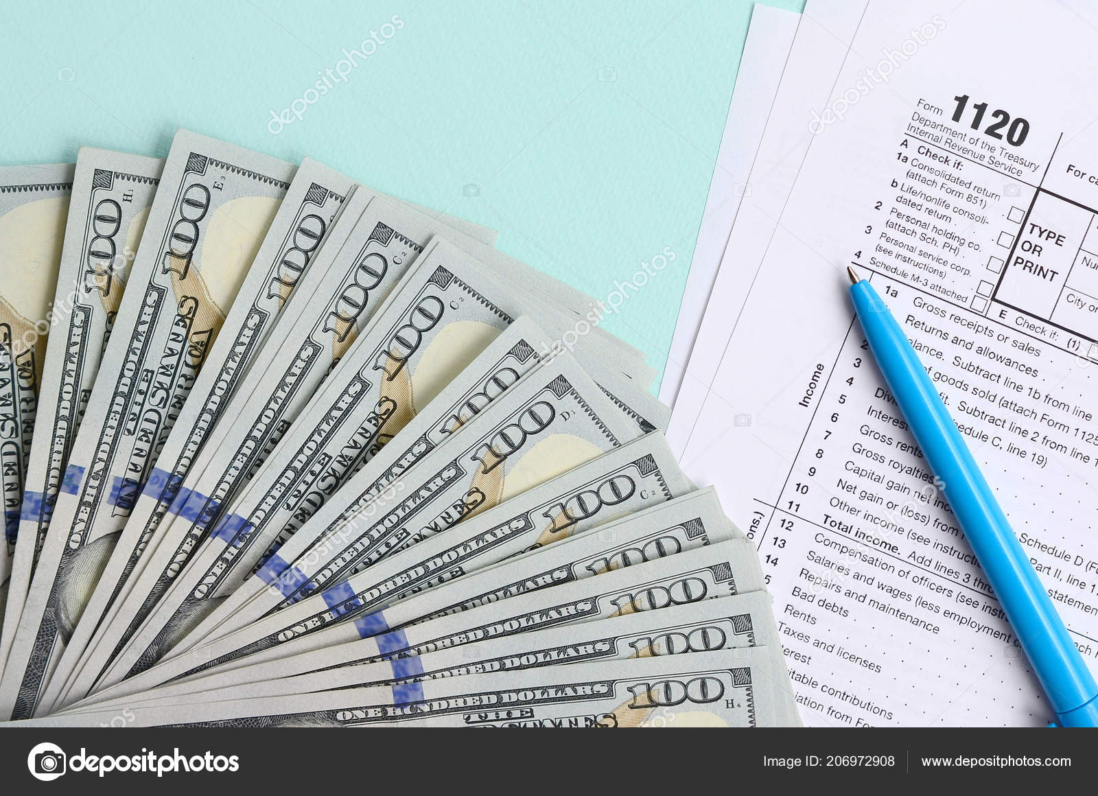 1120 Tax Form Lies Hundred Dollar Bills Blue Pen Light – Stock Editorial Photo © Mehaniq #206972908