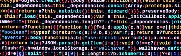 Writing programming code on laptop. Digital binary data on computer ...