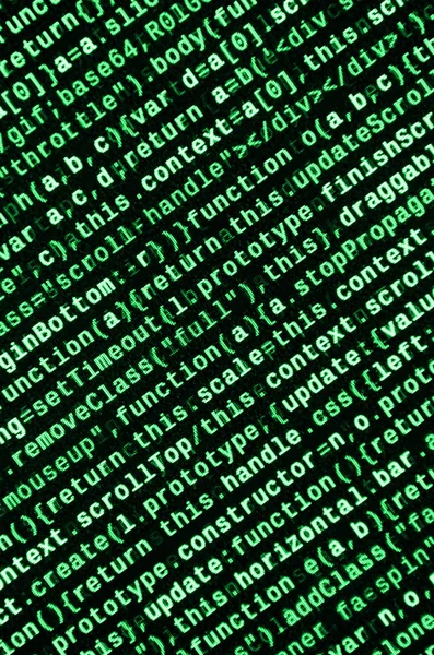 Writing programming code on laptop. Digital binary data on computer screen. Project managers ...