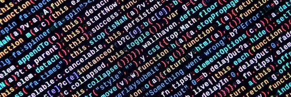 Writing programming code on laptop. Digital binary data on computer ...