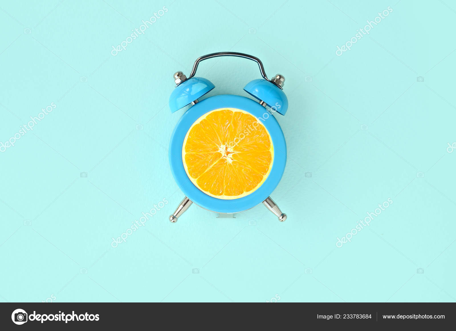Creative Idea Fresh Orange Slice Alarm Clock Pastel Blue Background ...