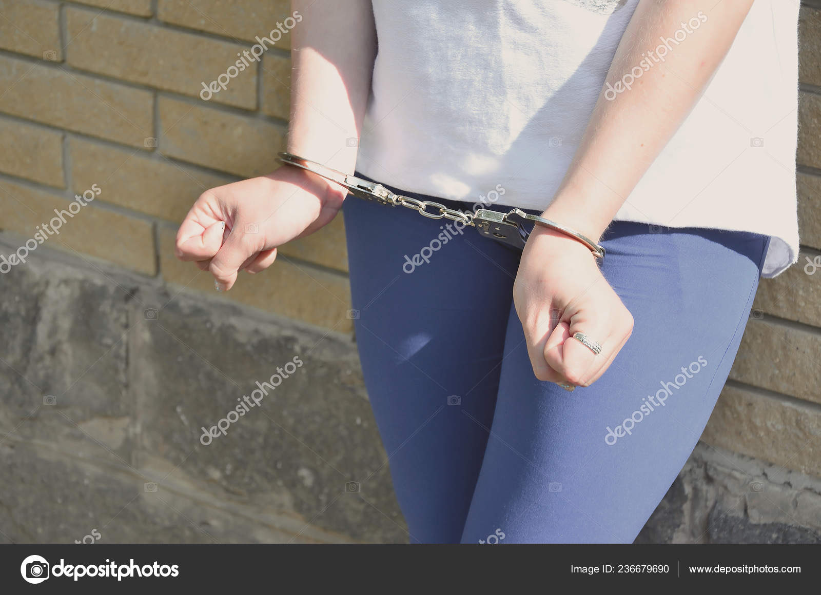 Fragment Young Criminal Girl Body Hands Handcuffs Yellow Brick Wall ...