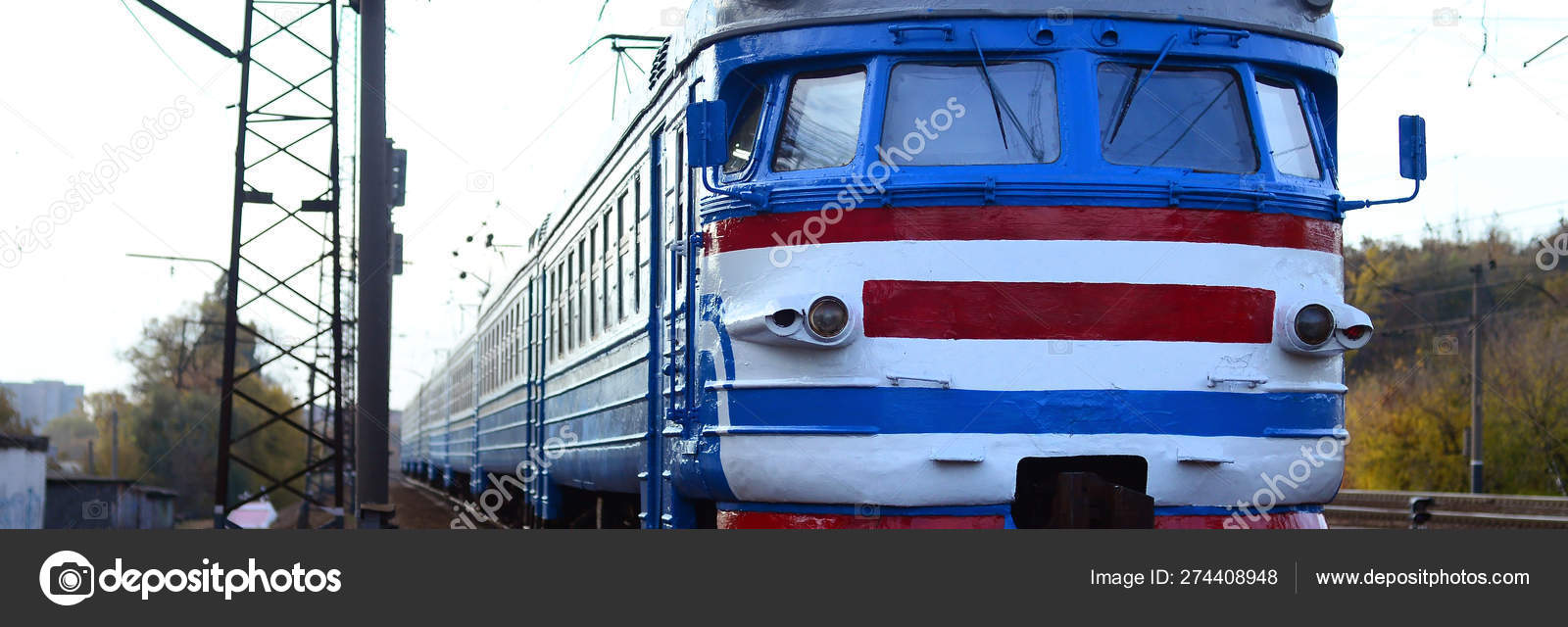 Old soviet electric train with outdated design moving by rail — Stock ...