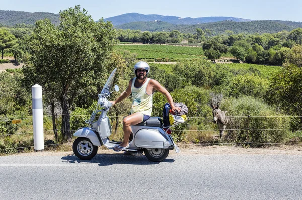 Man on a scooter near a donkey in a vineyard of Provence in summer ...