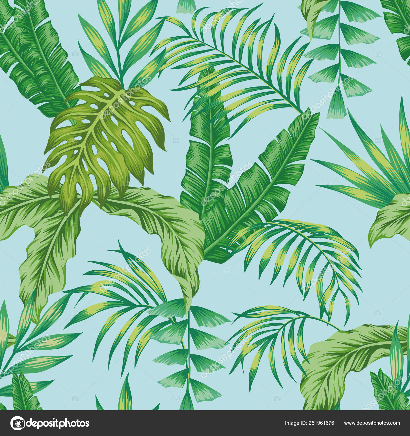 Tropical pattern green leaves seamless blue background Stock Vector ...