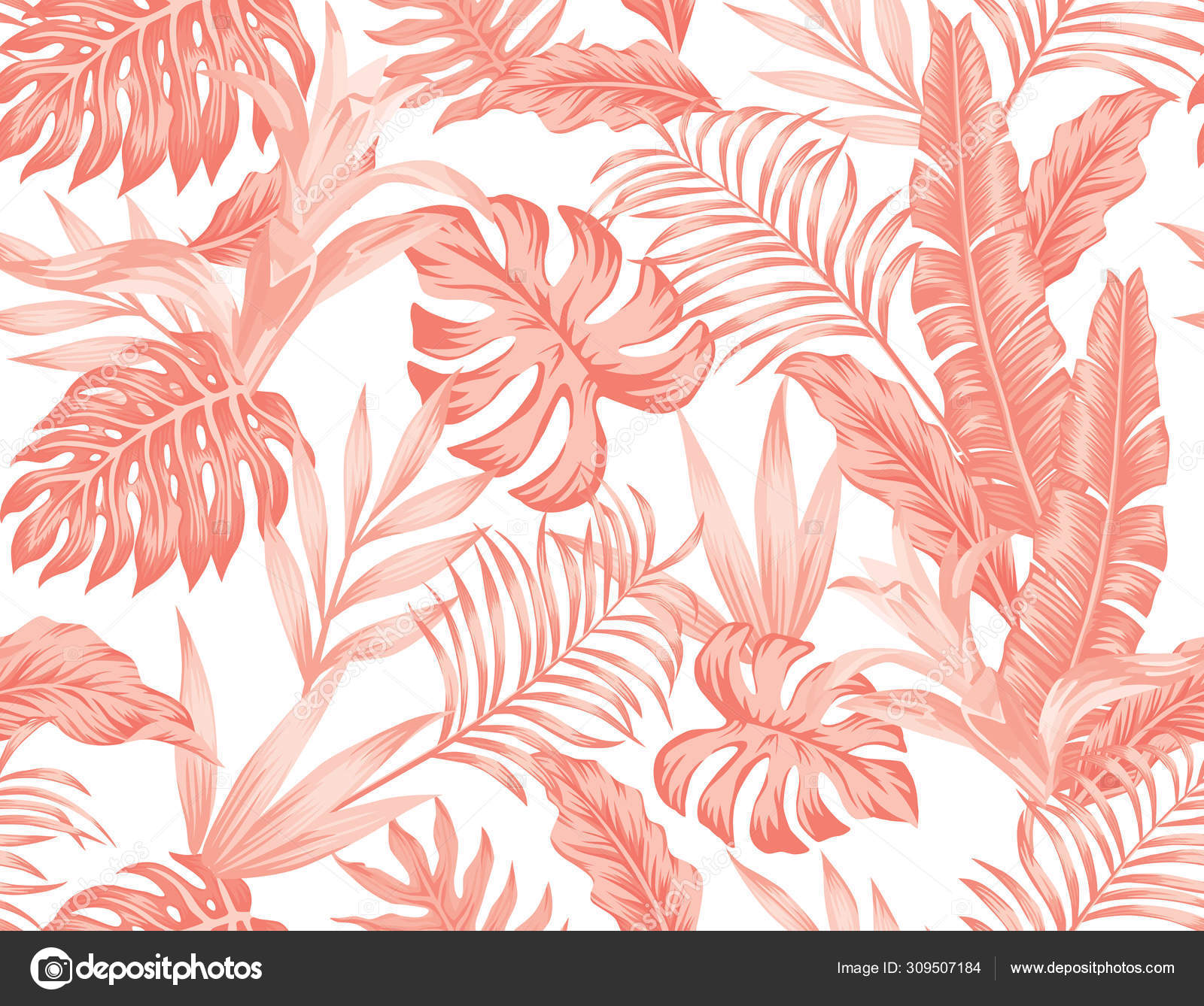 Living coral tropical leaves flowers seamless white background — Stock ...