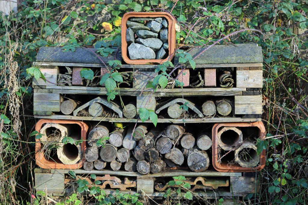 Un hotel de insectos y otros invertebrados hecho de paletas de madera ...