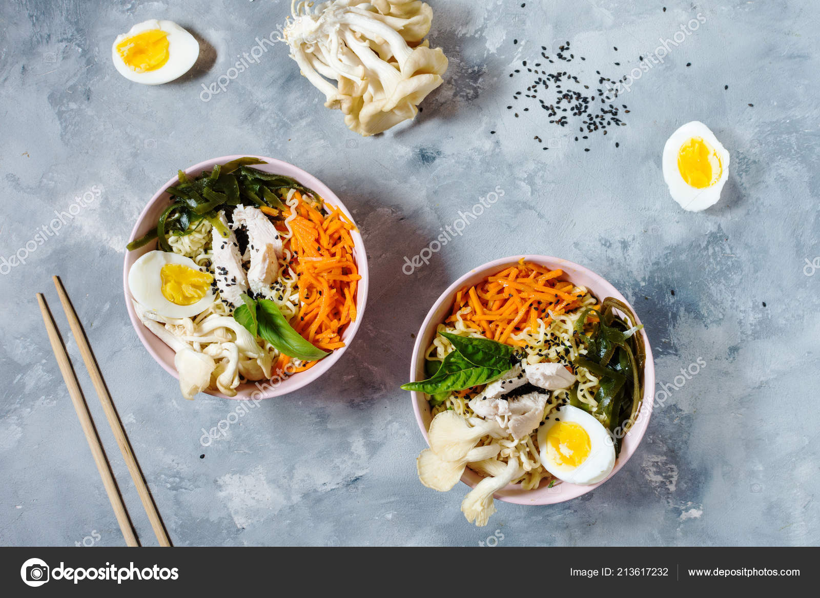 Miso Ramen Asian Noodles Bowls Concrete Background Top View Stock Photo ...