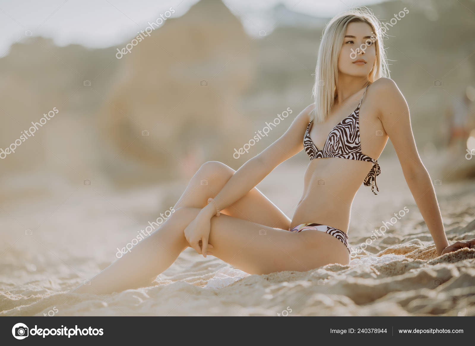 Woman Tropical Sandy Coastline Lying Posing Beach — Stock Photo © dan.grytsku.gmail.com #240378944