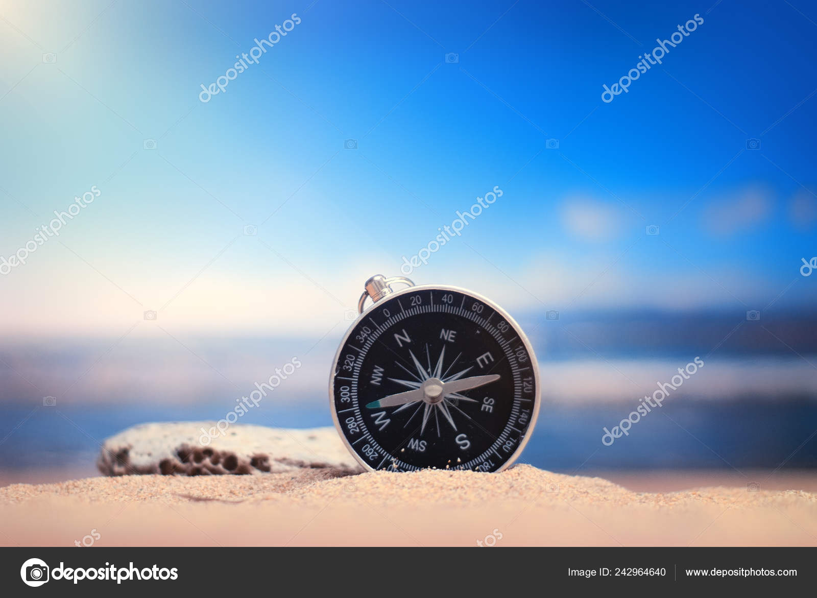 Time Travel Idea Tourism Compass Sand Corals Background Sea Stock Photo ...
