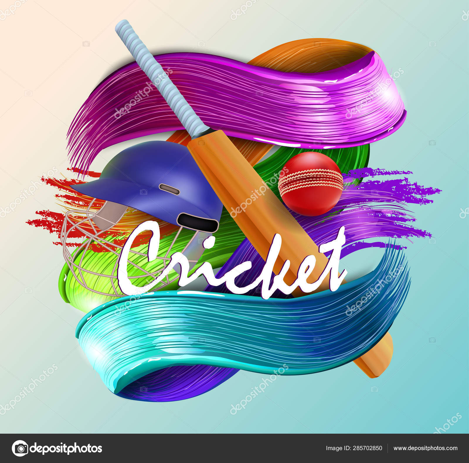 Realistic cricket elements on different color blue brush stroke white ...