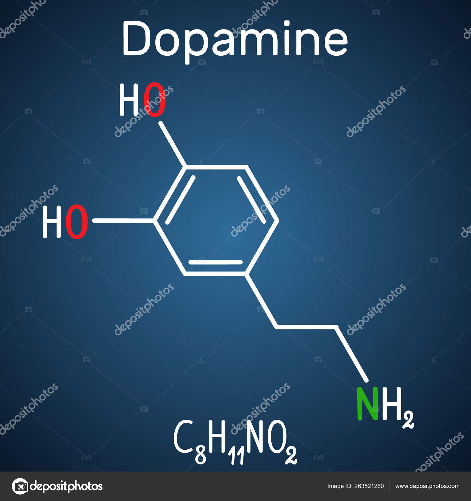 Dopamine DA molecule. Structural chemical formula and molecule model on ...