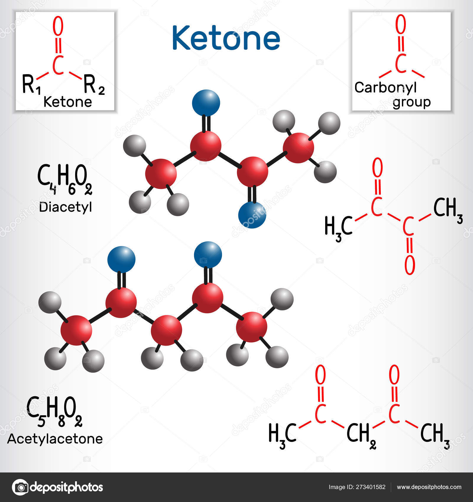Molécula de diacetil e acetilacetona - fórmula química estrutural e ...