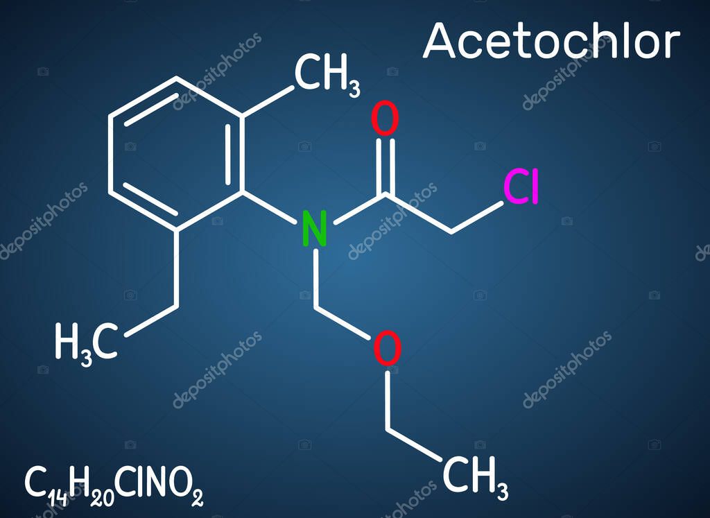 Molécula de acetocloro. Es cloroacetanilida, herbicida, un xenobiótico ...