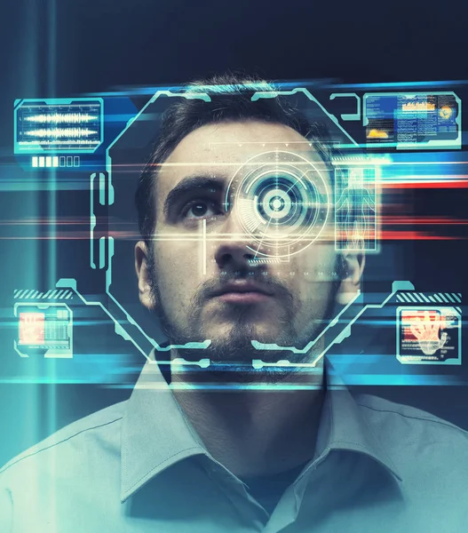 Woman Using Face Recognition System Personal Data Information Being ...