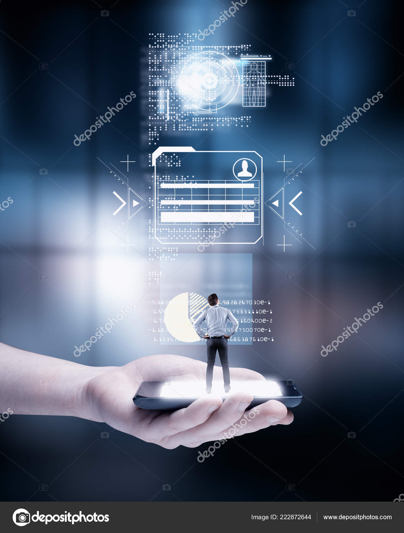 Hand Holding Smartphone Businessman Standing Analyze Digital Screen ...