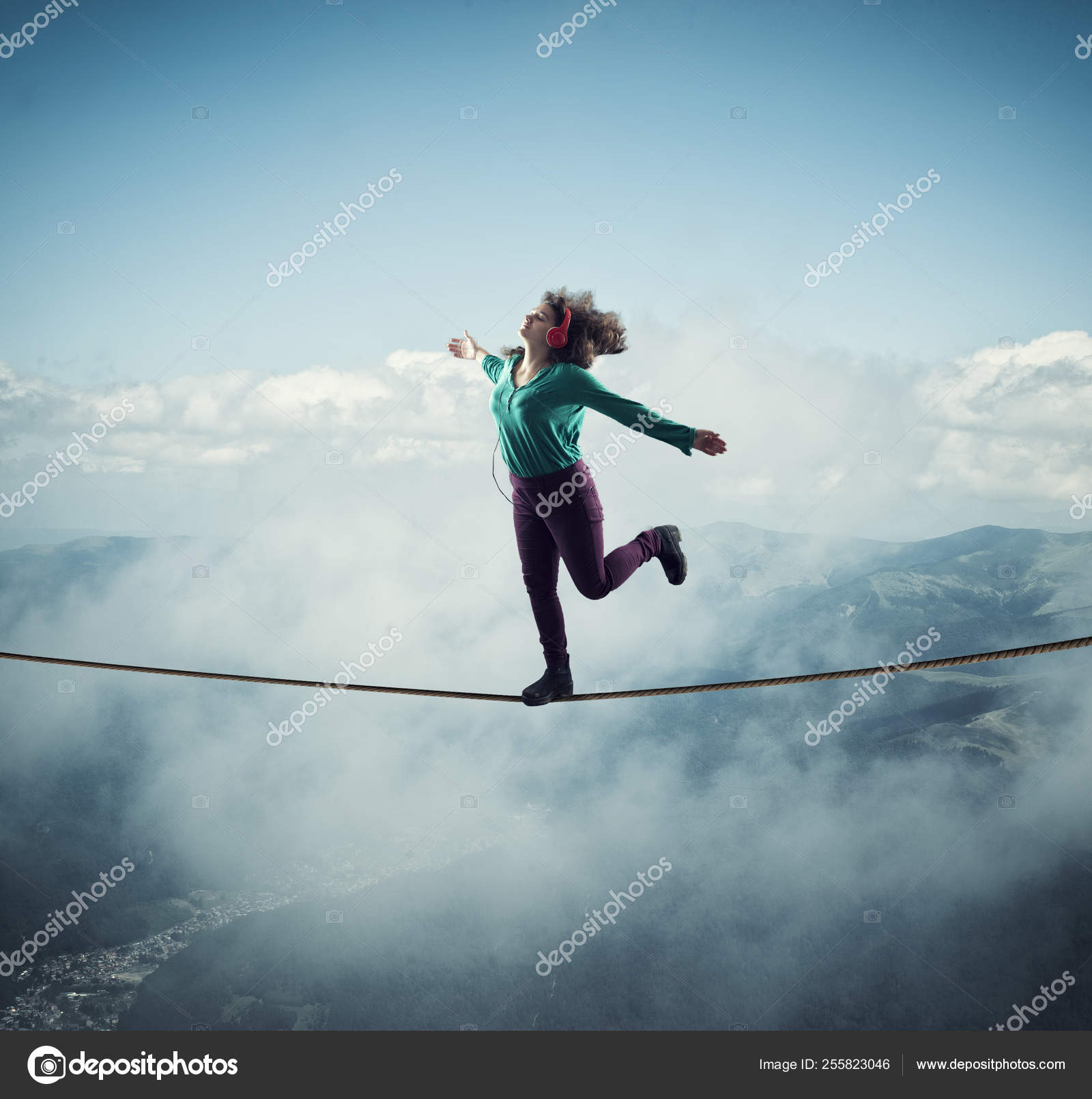 Woman Balancing Rope Clouds Mountains While Listening Music Concept ...