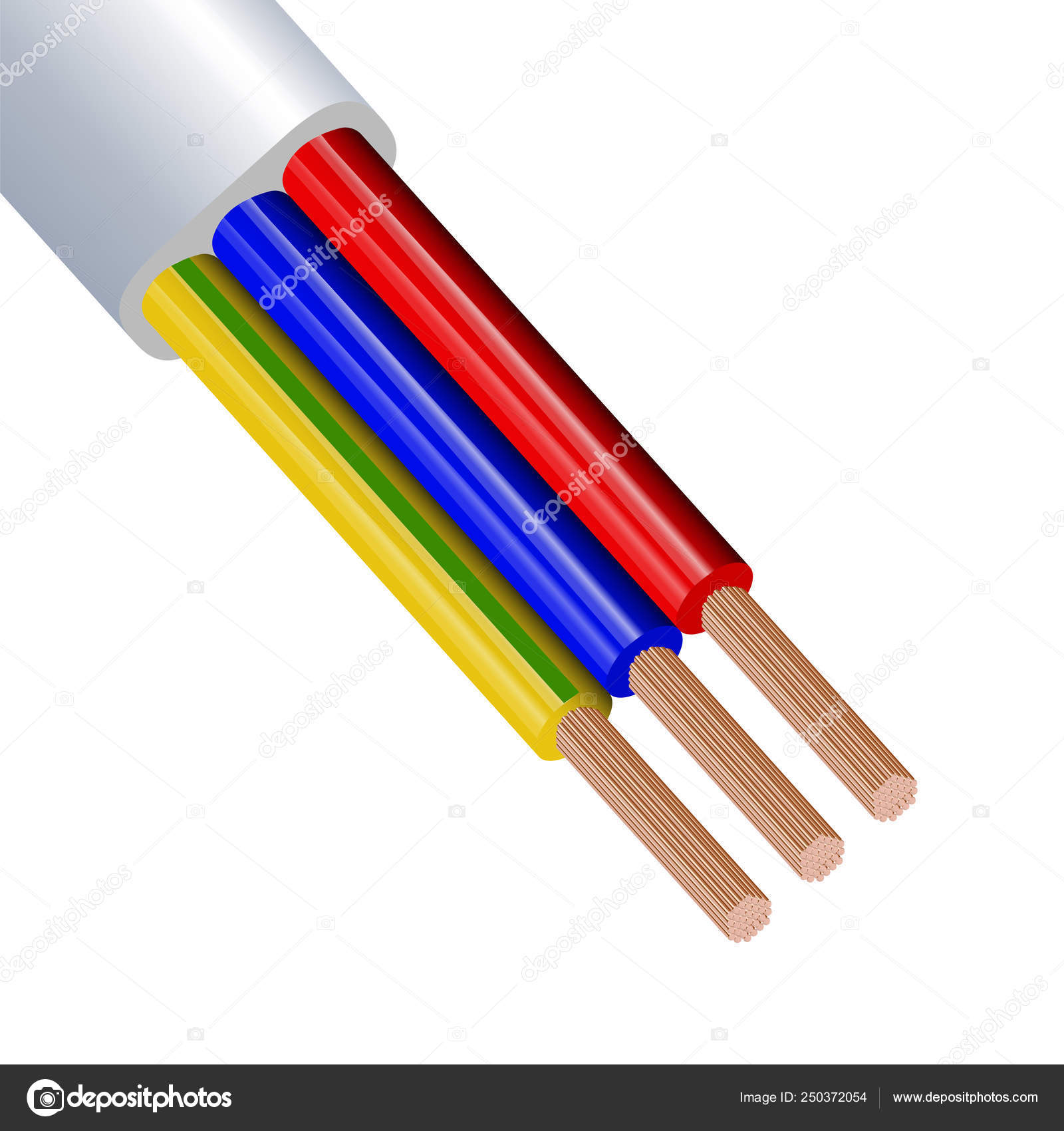 Flexible Three-wire electrical cable isolated on white background ...