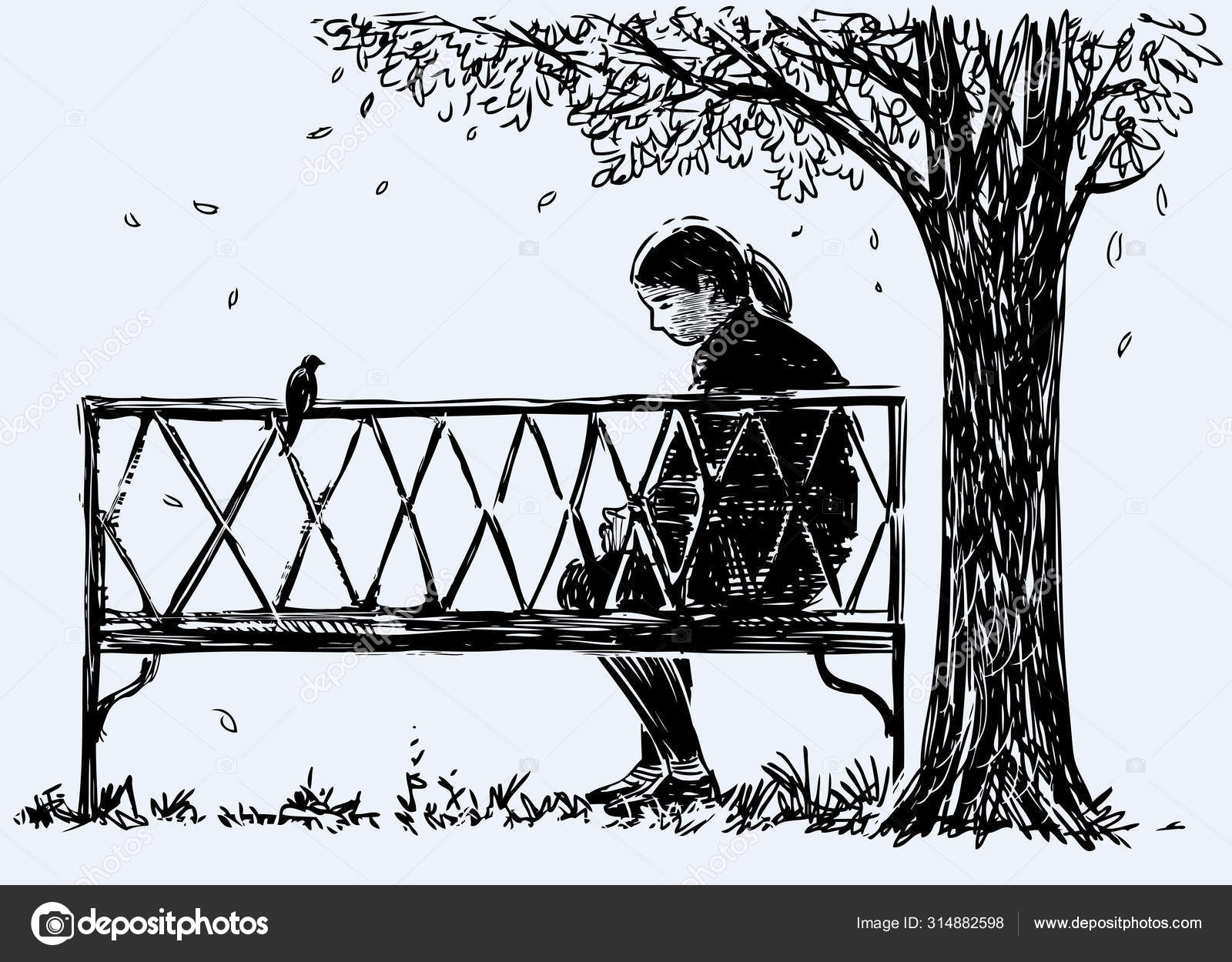 Girl Sitting On Bench Drawing