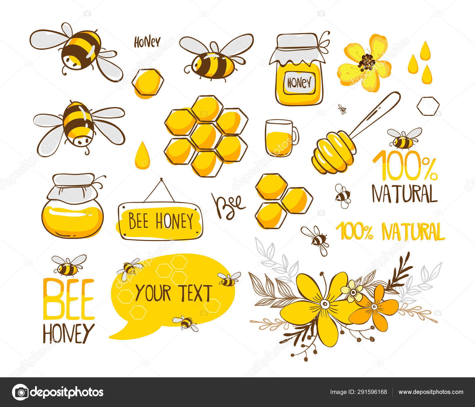 Set of bee, honey, lettering and other beekeeping illustration. Vector ...