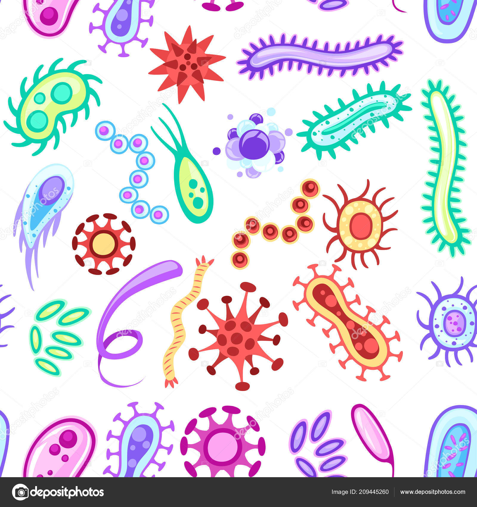 Seamless Pattern Bacteria Viruses Colorful Microorganisms Collections Flat Vector Bacteria Stock ...