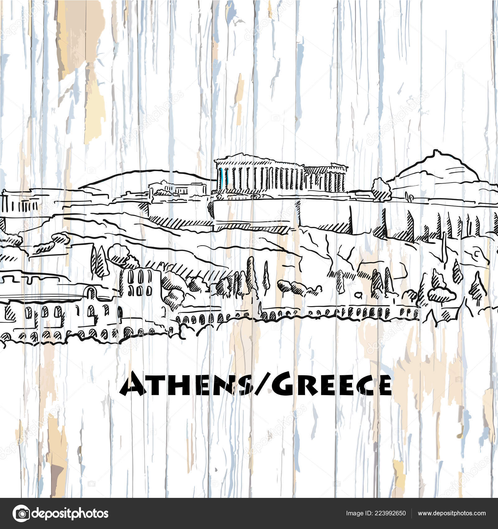 Vintage Athens Skyline Drawing Vector Illustration Vintage Background ⬇ ...
