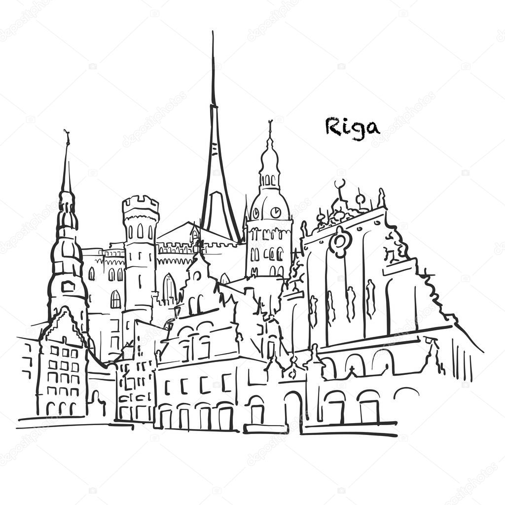 Edificios famosos de Riga, Letonia Composición. Ilustración vectorial ...