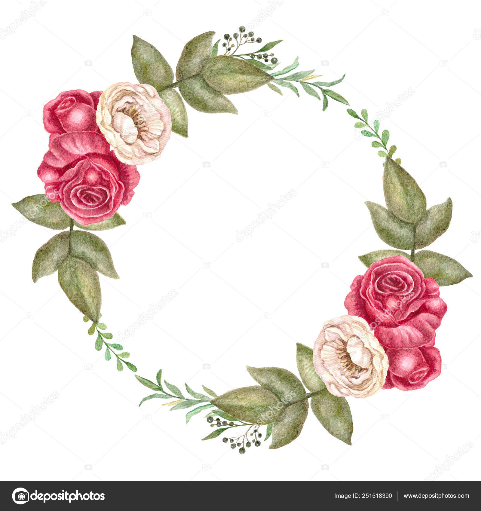 Vintage red roses wreath, watercolor floral frame, realistic flowers ...