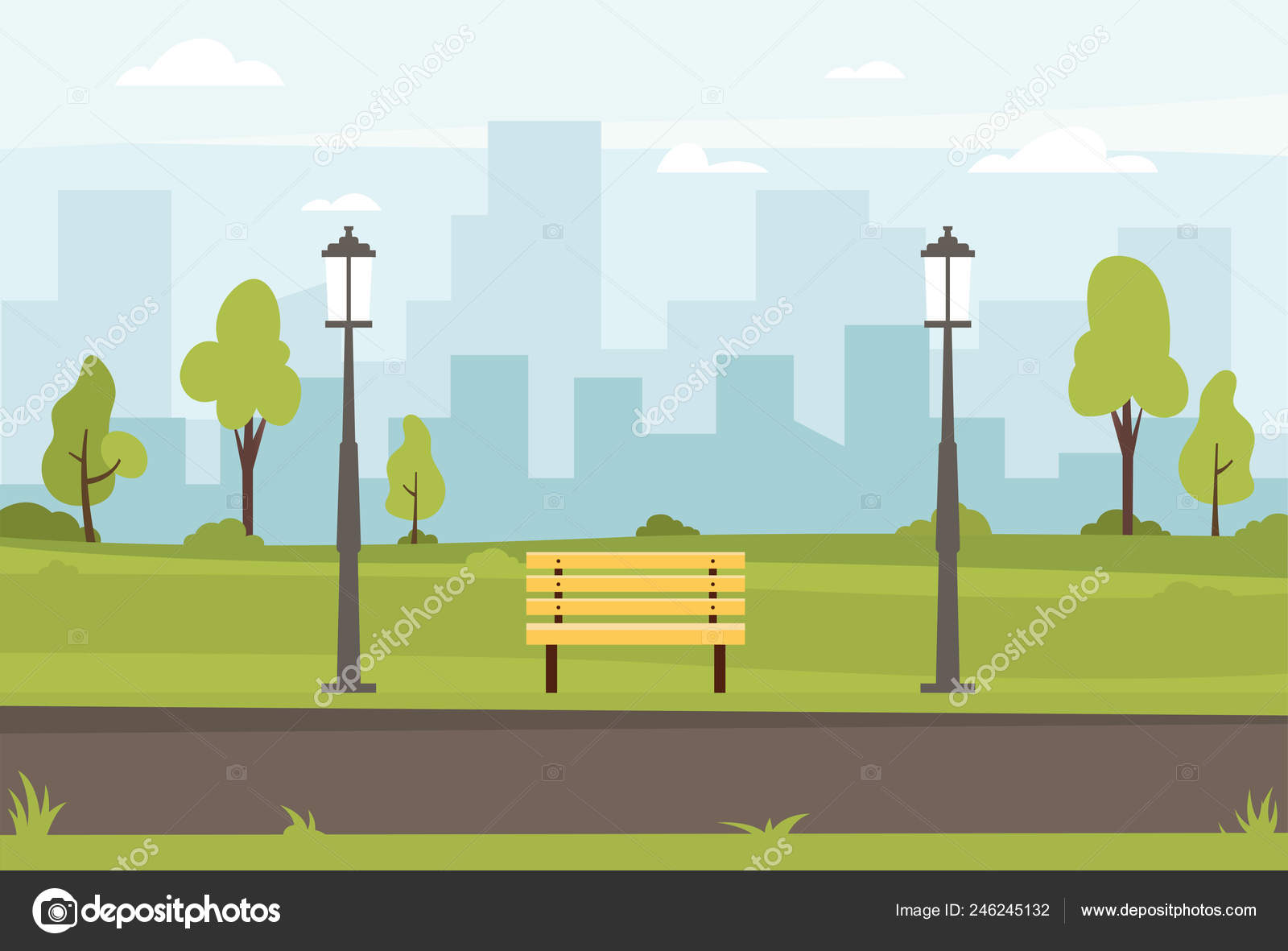 Public Park Vector Flat Illustration Spring Landscape City Park Bench ...