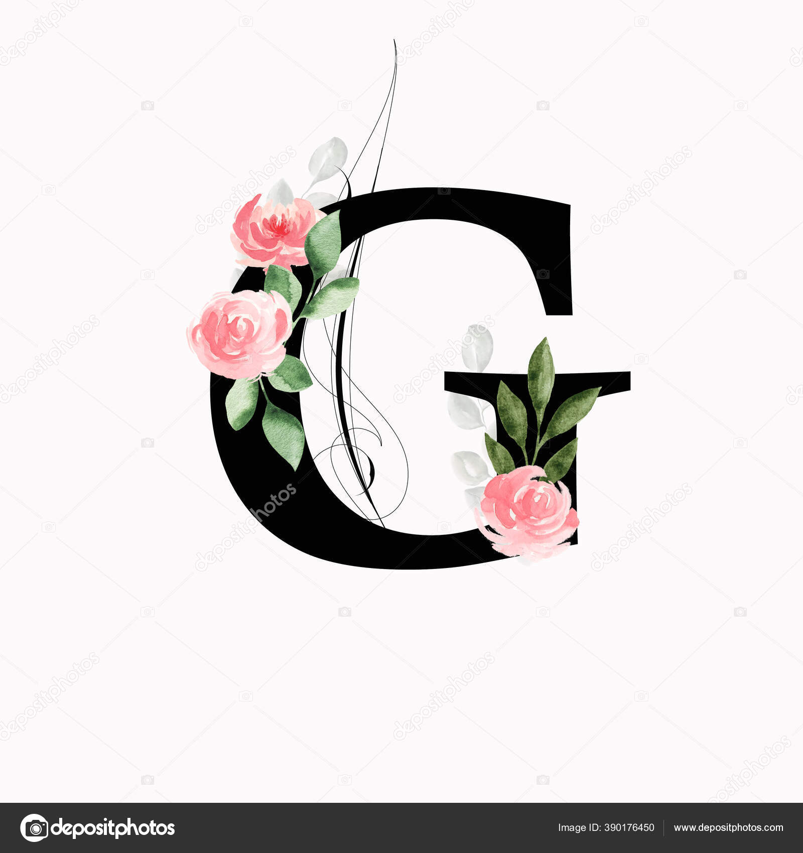 Floral Monogram Letter Decorated Pink Roses Leaves Watercolor Stock ...