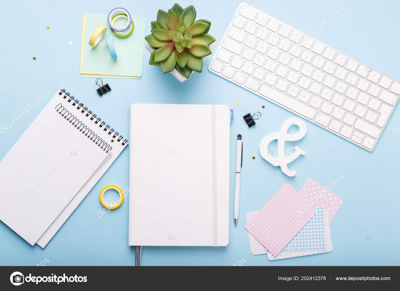 Workspace Keyboard Diary Pen Paper Clips Stickers Trending Blue ...