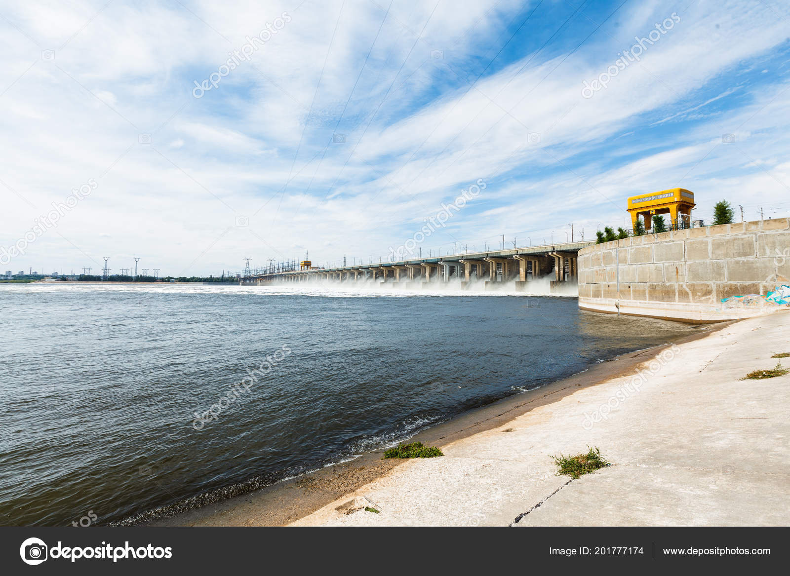 Hydroelectric power station. Water dumping. Volgograd, Volga river ...