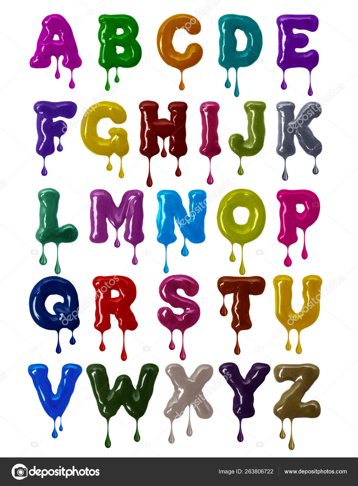 Latin alphabet bold font made of colorful glaze with falling drops in ...