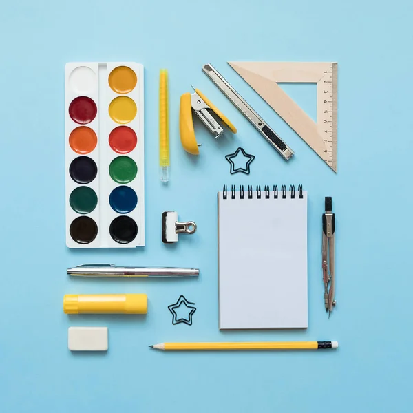 Yellow school supplies on pastel pink background. Back to school. Flat ...