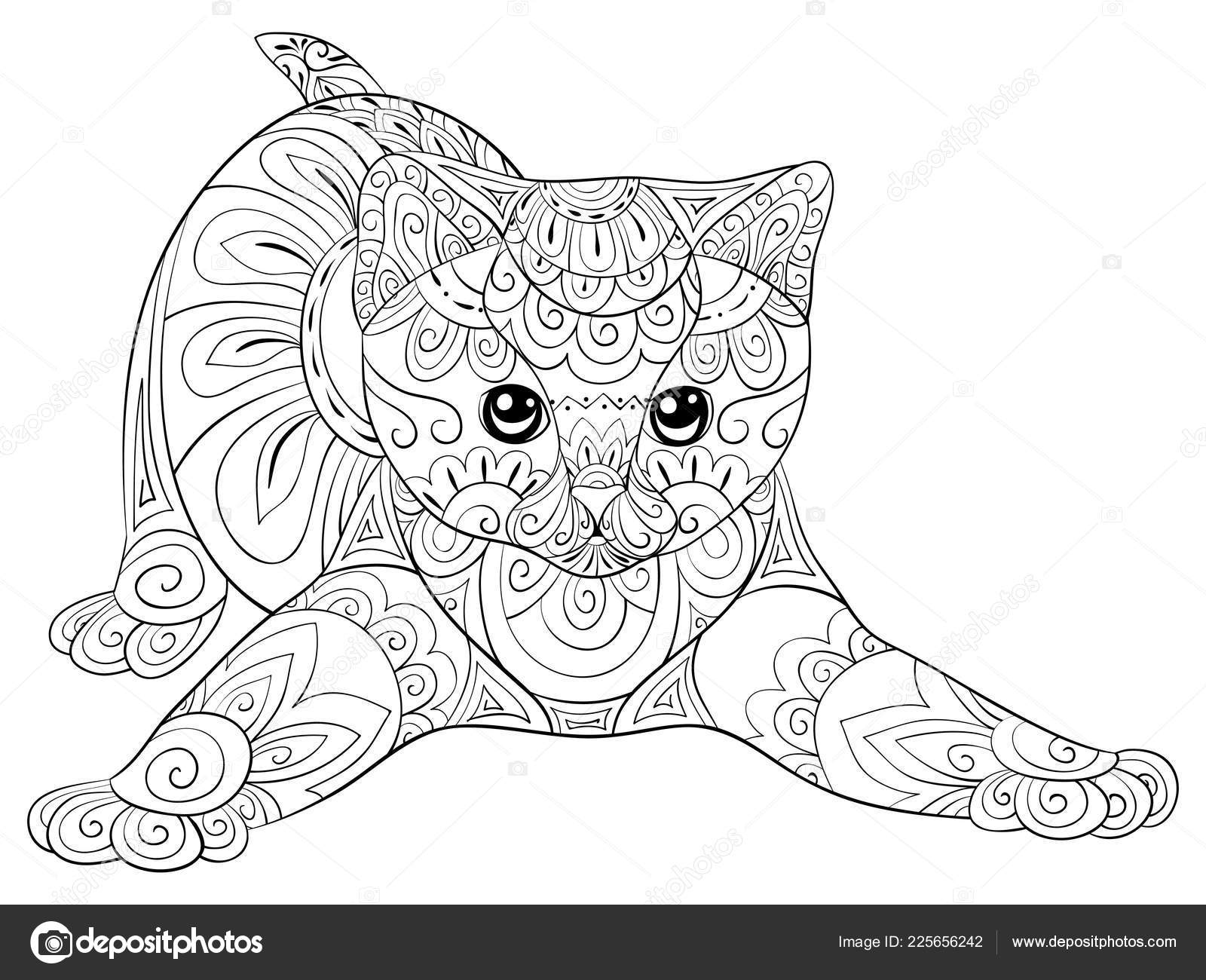 Adult Coloring Book Page Cute Cat Image Relaxing Zen Art Stock Vector ...